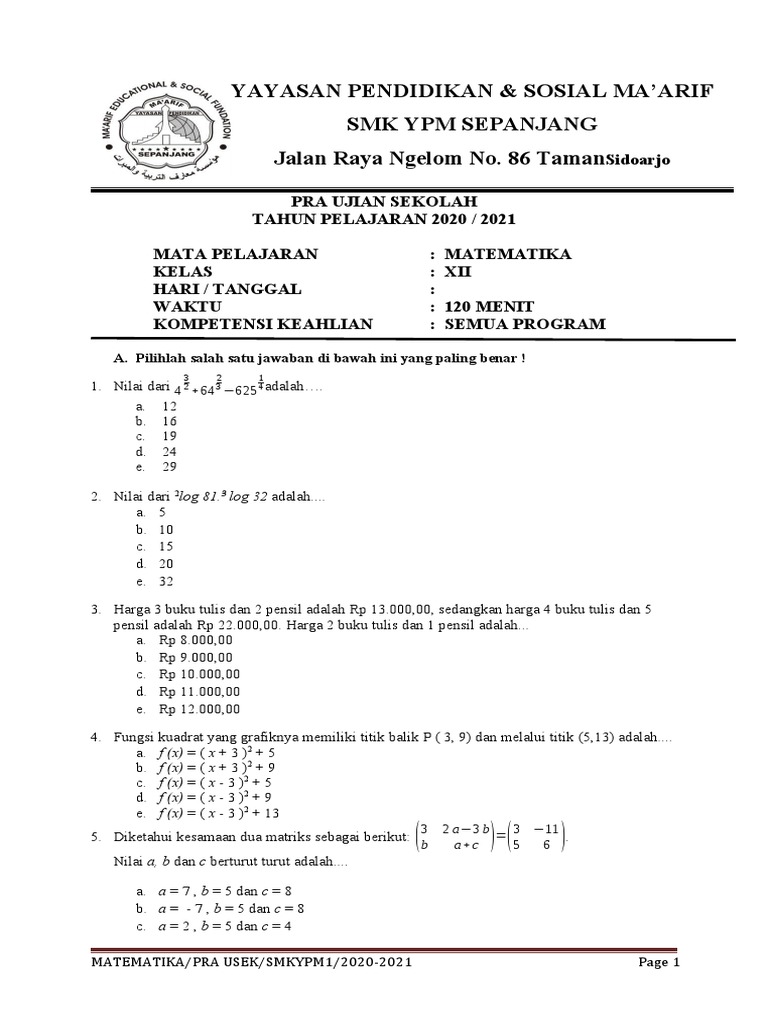 Soal Pra-Usek Kelas Xii 2021 | PDF