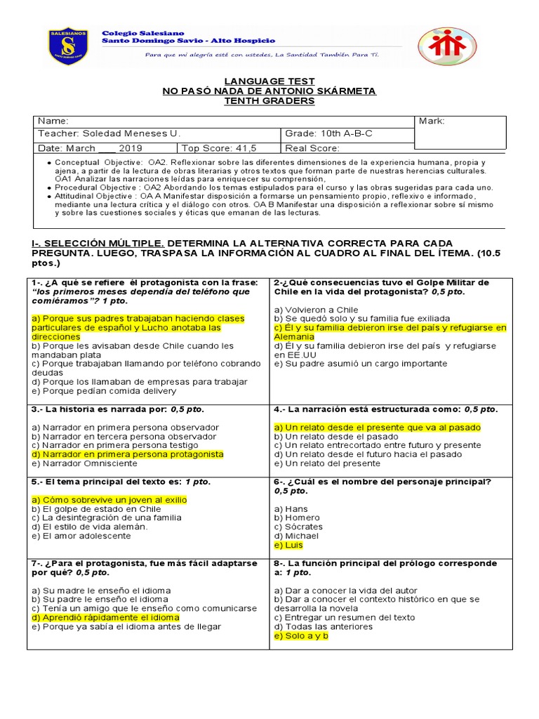 Control de Lectura No Paso Nada de Antonio Skarmeta | PDF