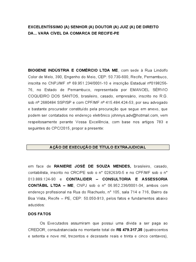 Modelo Acao de Execucao de Titulo Extrajudicial | PDF | Economias | Direito Comum