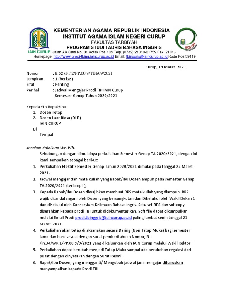 Jadwal Mengajar Prodi TBI IAIN Curup Semester Genap 2020/2021 | PDF