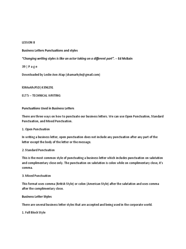 Business Letter Styles and Formatting: A Comparison of Punctuation and ...