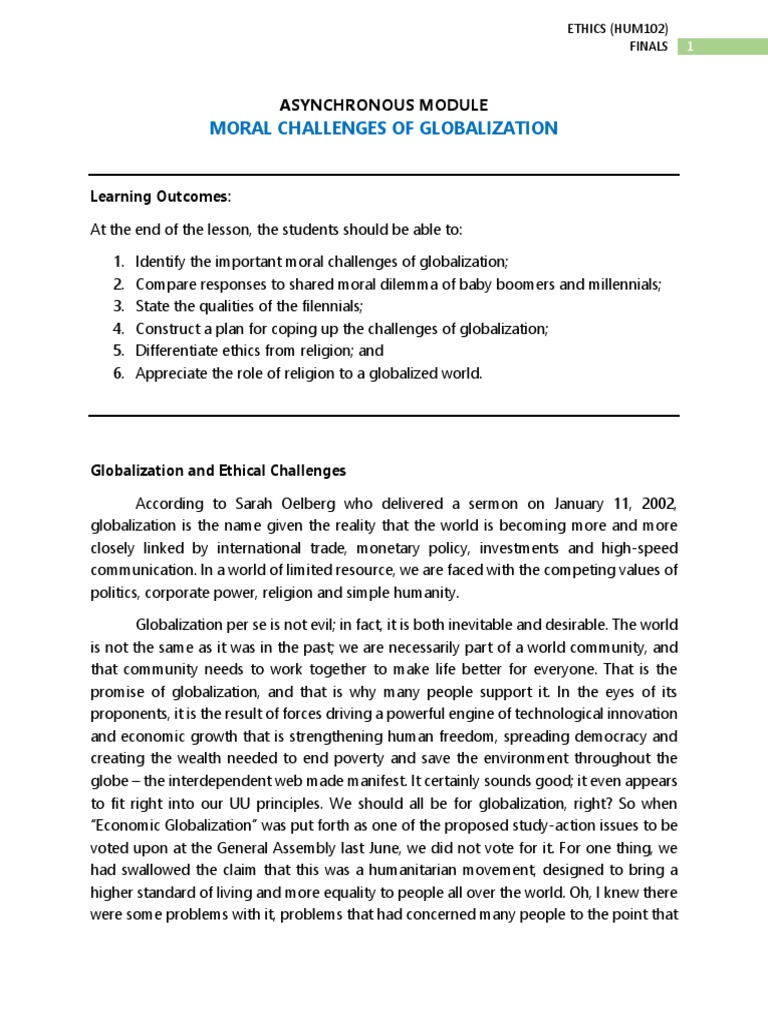Moral Challenges of Globalization: Learning Outcomes | PDF ...