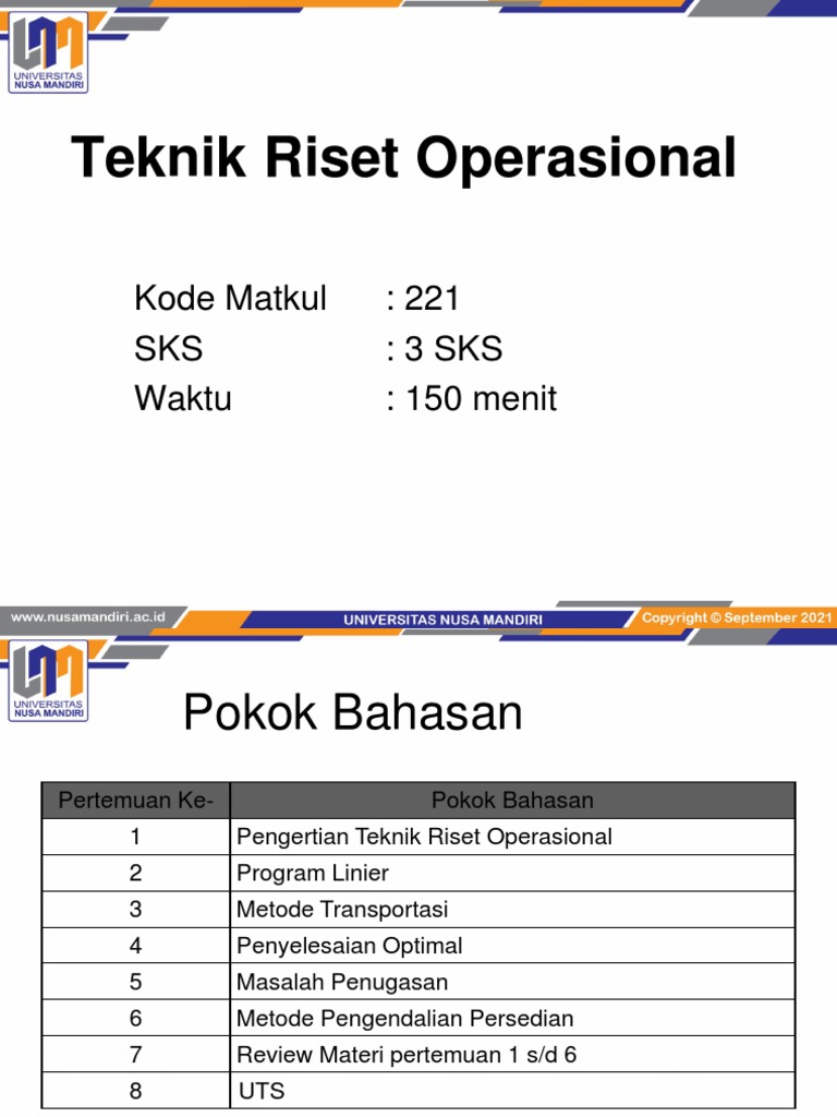 Teknik Riset Operasional: Kode Matkul: 221 SKS: 3 Sks Waktu: 150 Menit ...