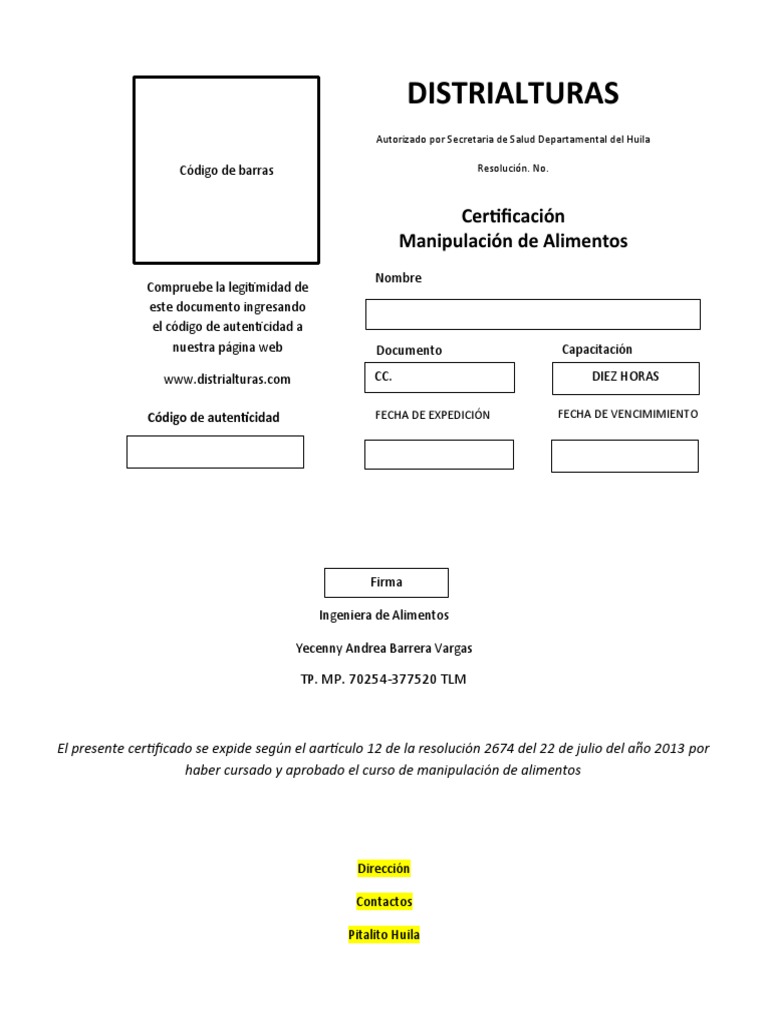 Certificado de Manipulación de Alimentos | PDF Certificado de Manipulación de Alimentos | PDF