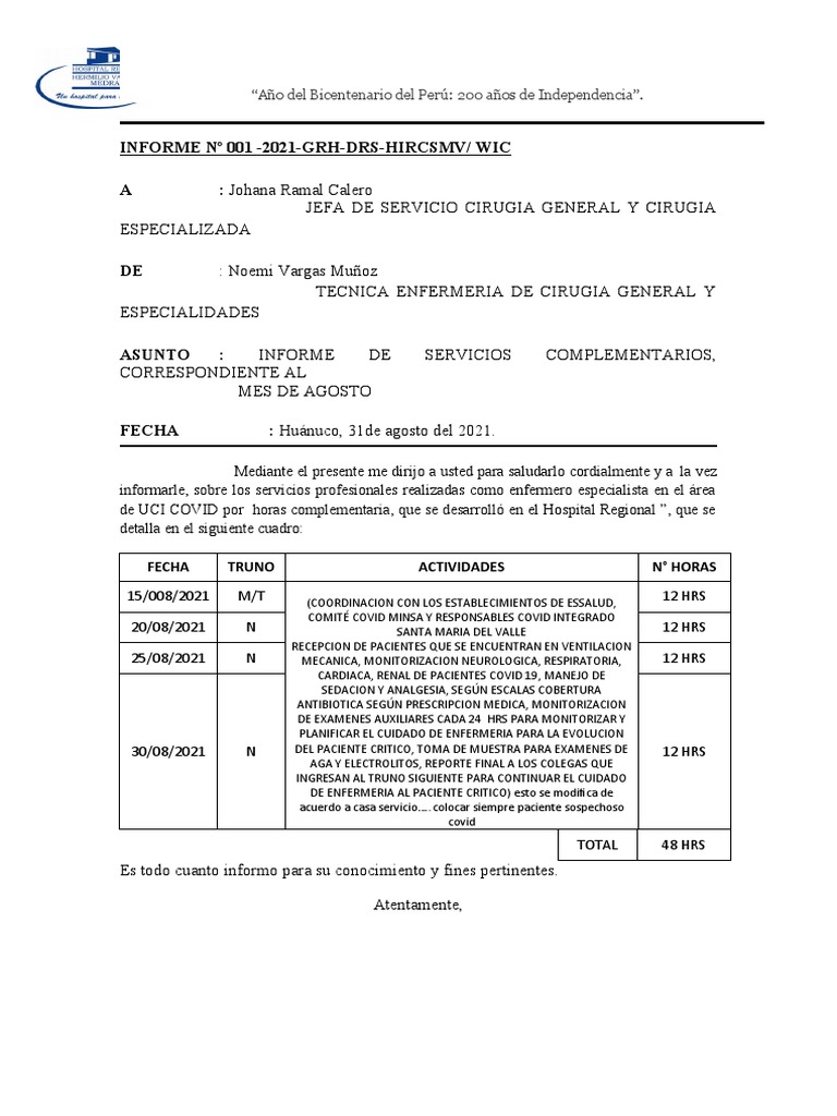 Modelo de Informe para Horas Complementarios | PDF | Enfermería | Hospital