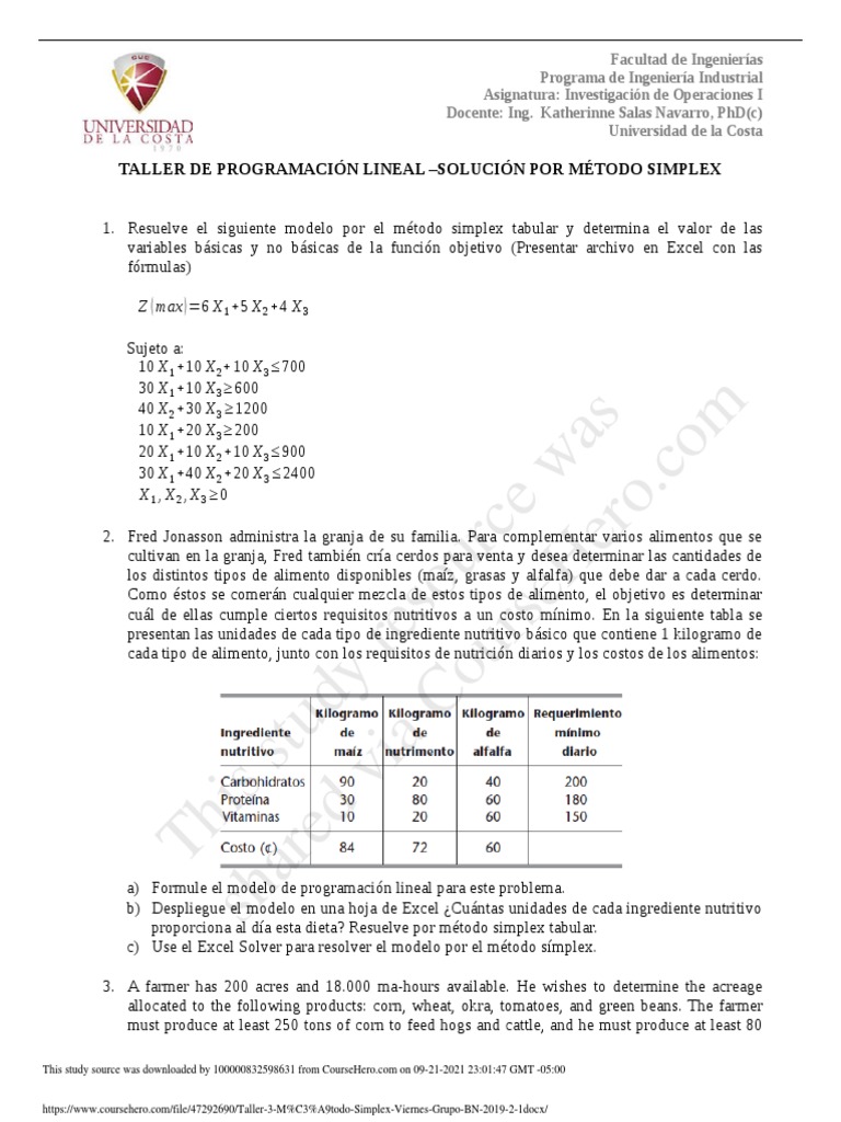 Taller 3 M Todo Simplex Viernes Grupo BN 2019 2 1 | PDF | Programación lineal | Optimización ...