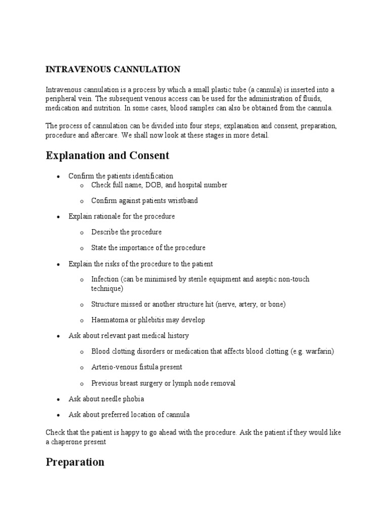 Explanation and Consent: Intravenous Cannulation | PDF | Intravenous ...