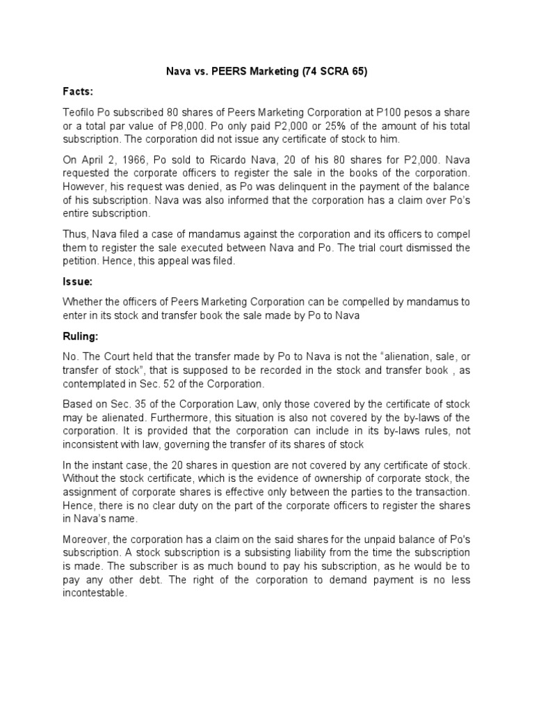 Nava vs. PEERS Marketing (74 SCRA 65) | PDF | Finance & Money Management