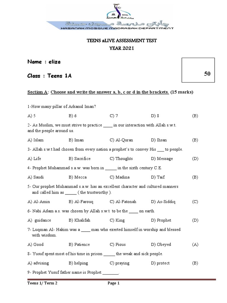 Teens 1A Islamic Assessment Test 2021 | PDF | Prophets And Messengers ...