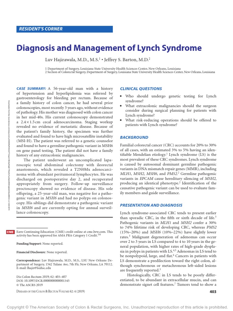 Diagnosis and Management of Lynch Syndrome Diseases Colorrectal | PDF ...
