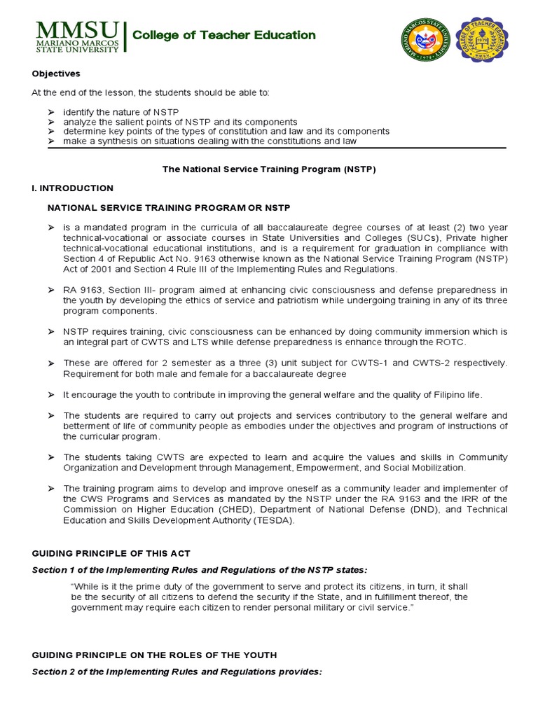 Understanding NSTP and CWTS Principles | PDF | Constitution | Justice