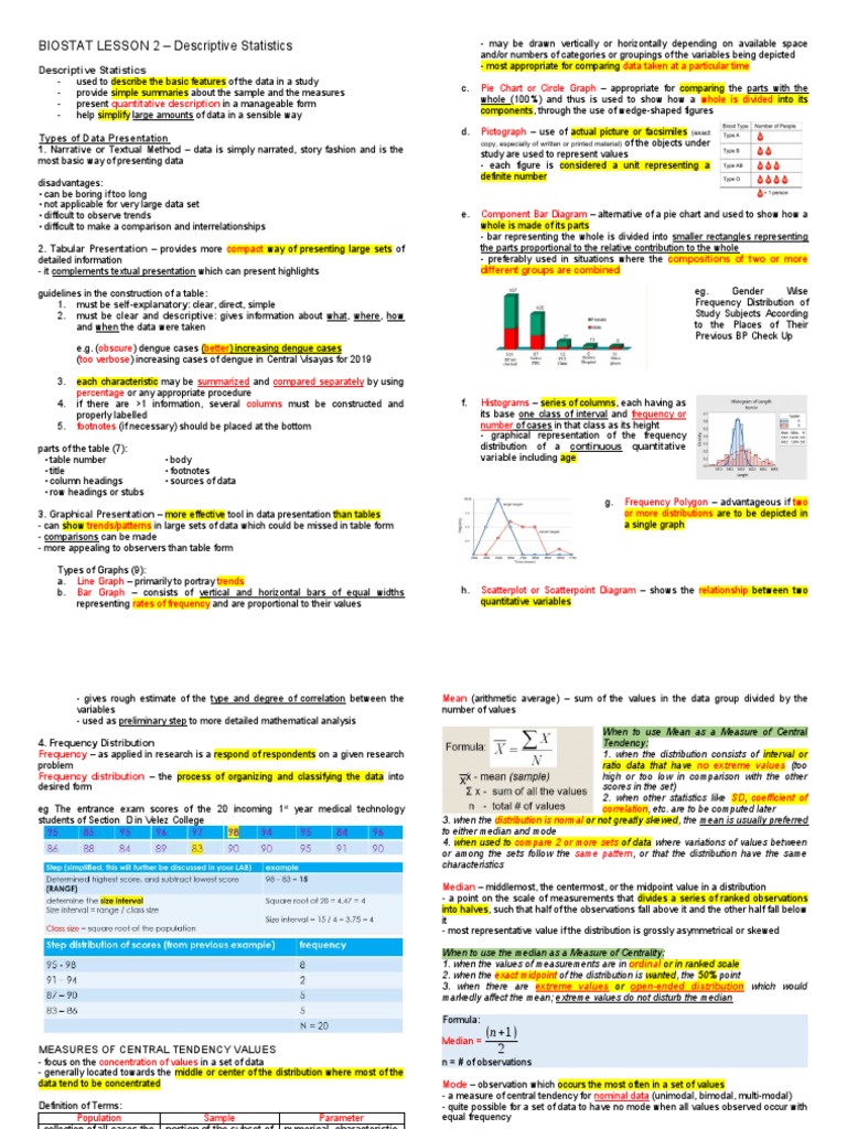 BIOSTAT LESSON 2 - Descriptive Statistics | PDF | Mean | Mode (Statistics)