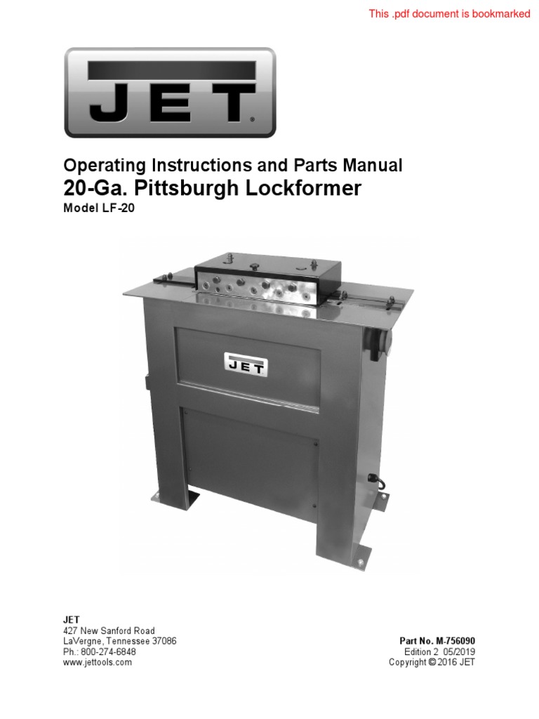 20-Ga. Pittsburgh Lockformer: Operating Instructions and Parts Manual ...