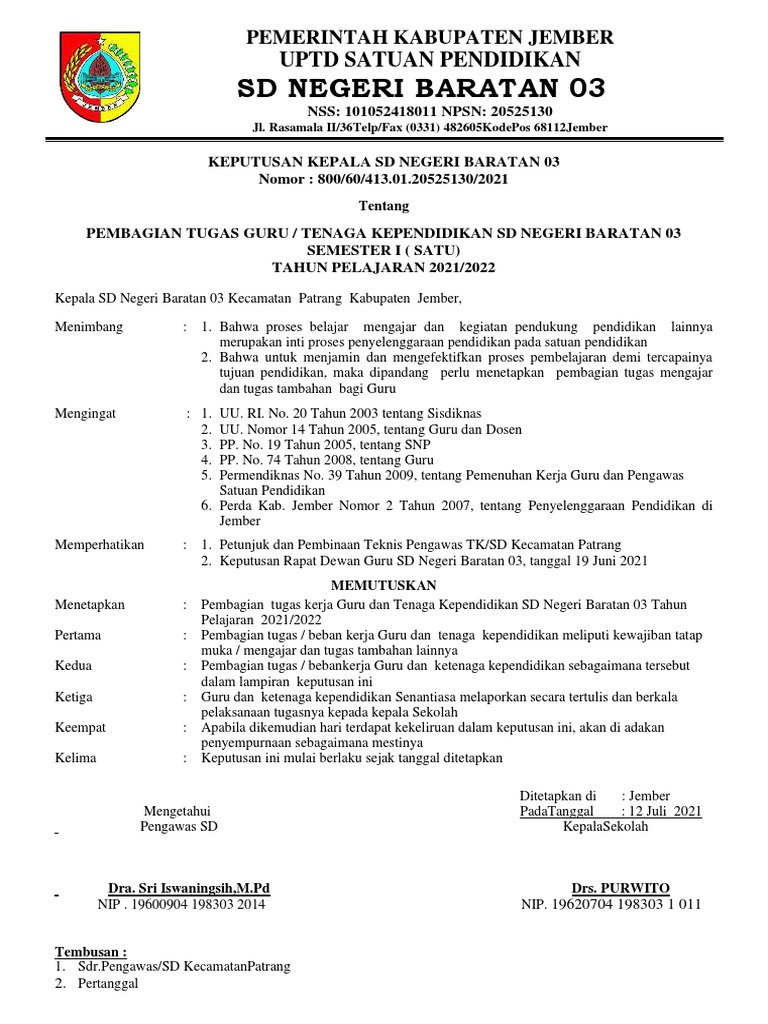 SK Tugas Mengajar Semester 1 20212022 | PDF