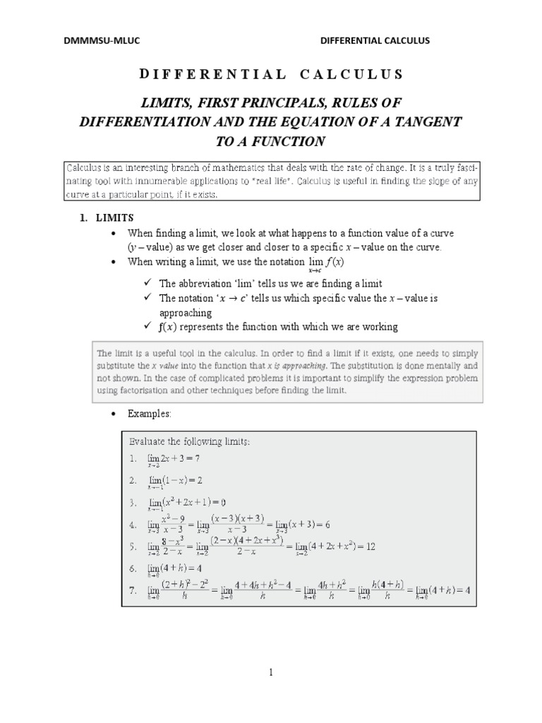 Limits, First Principals, Rules of Differentiation and The Equation of A Tangent To A Function ...