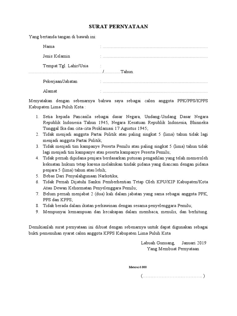Surat Pernyataan KPPS & Daftar Riwayat Hidup | PDF