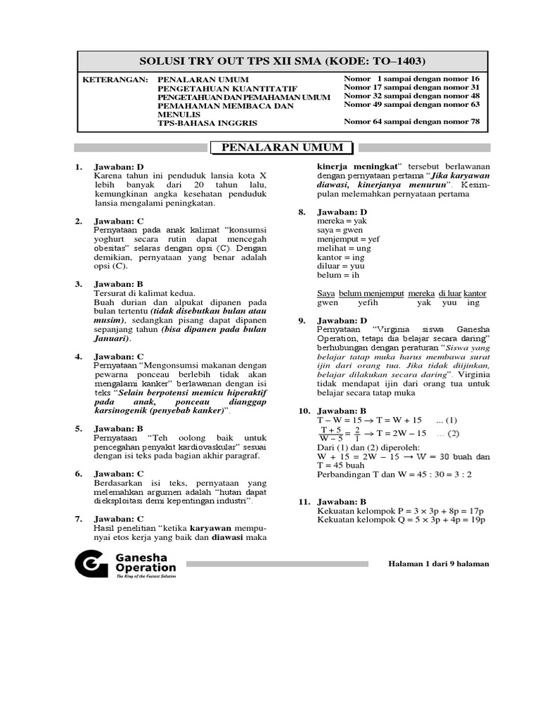 Solusi Soal Try Out TPS XII SMA | PDF