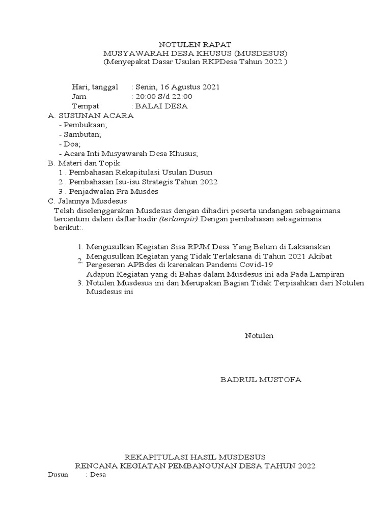 Notulen Rapat Musdus | PDF
