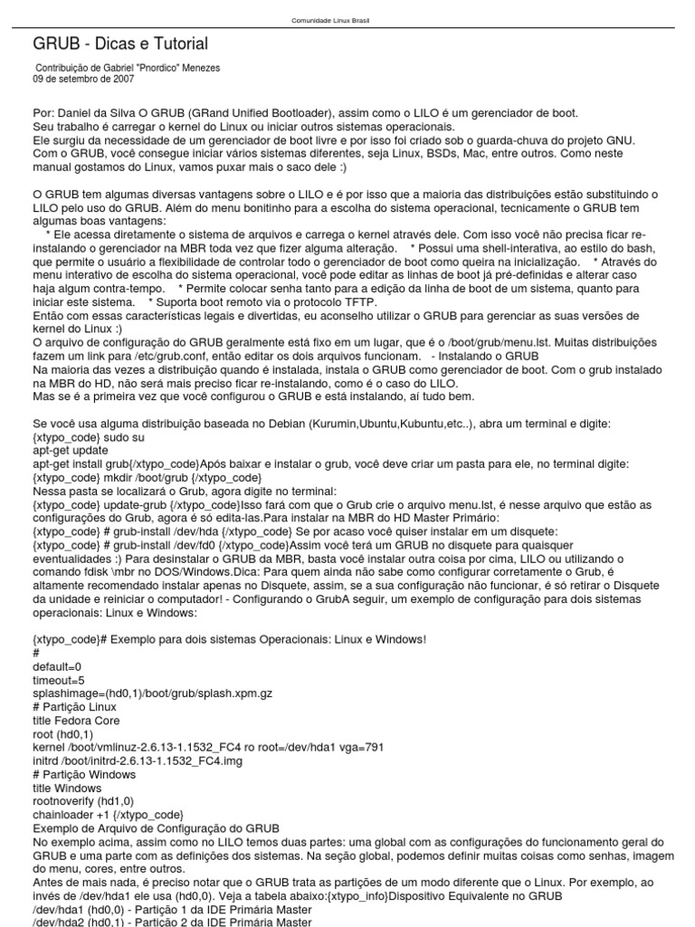 Grub - Dicas e Tutorial | PDF | Inicialização (informática) | Linux