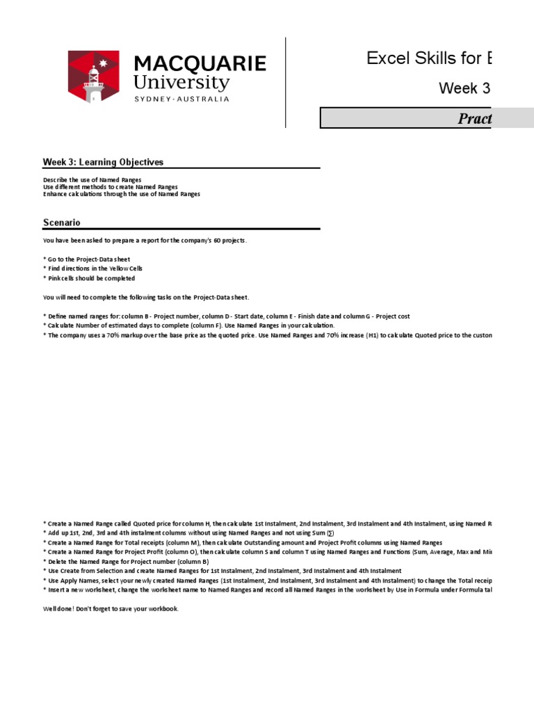 Excel Skills For Business: Intermediate I: Week 3: Named Ranges | PDF ...