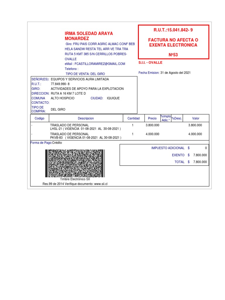Irma Araya Factura Exenta 53 | PDF | Economias