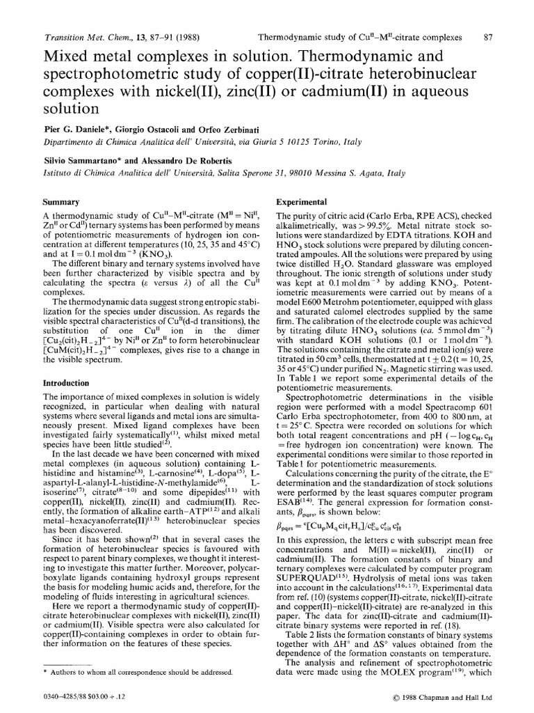Mixed Metal Complexes in Solution. Thermodynamic and | PDF ...