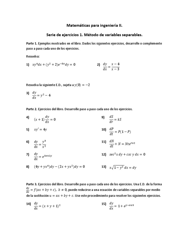 Serie de Ejercicios 1. Método de Variables Separables. | PDF