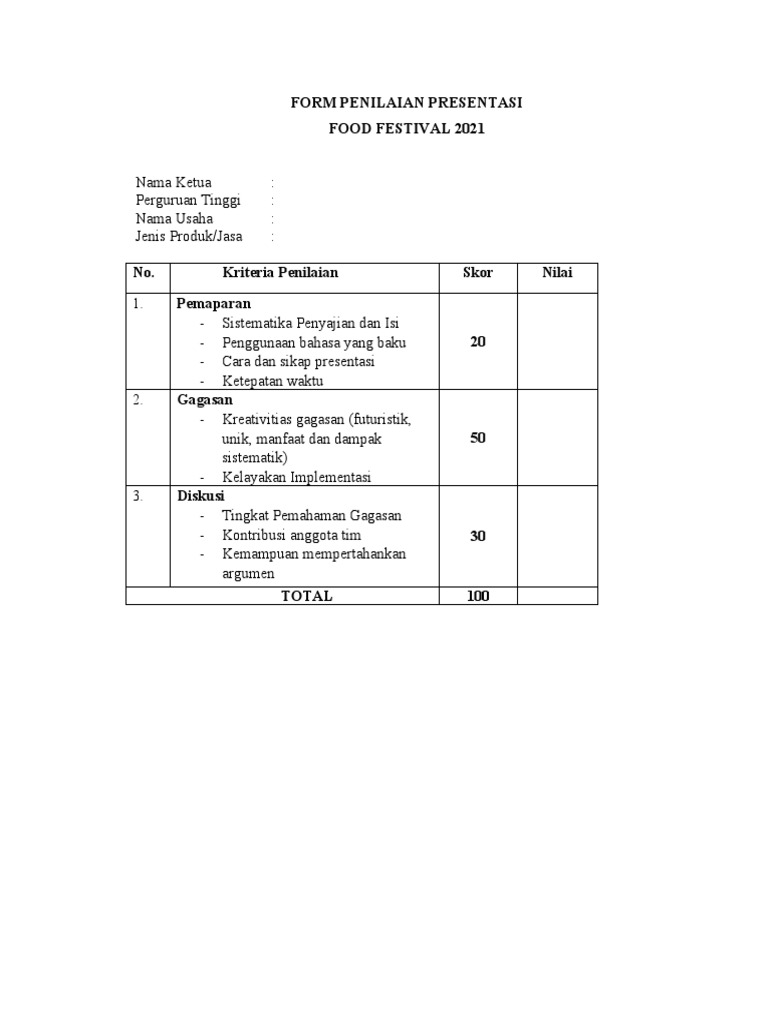 Form Penilaian Presentasi | PDF