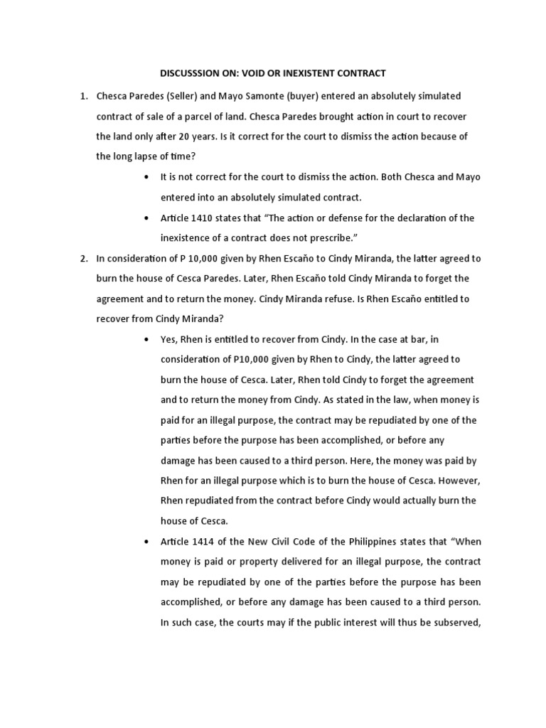 Void or Inexistent Contract | PDF | Consideration | Contract Law