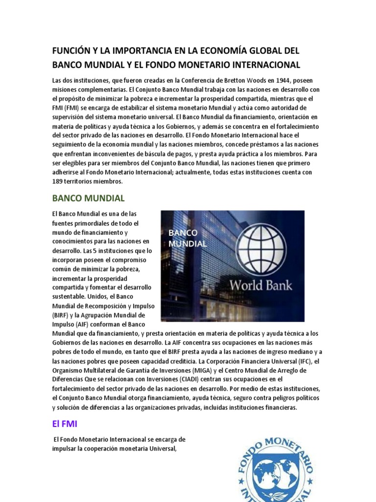 Importancia y función de BM Y FMI | PDF | Banco Mundial | Fondo Monetario Internacional