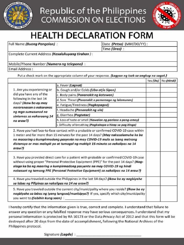 Comelec Health Declaration | PDF
