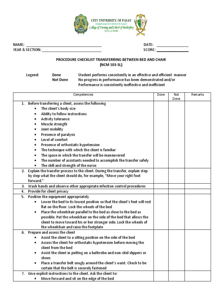 Procedure Checklist Transferring Between Bed and Chair (NCM 103-SL ...