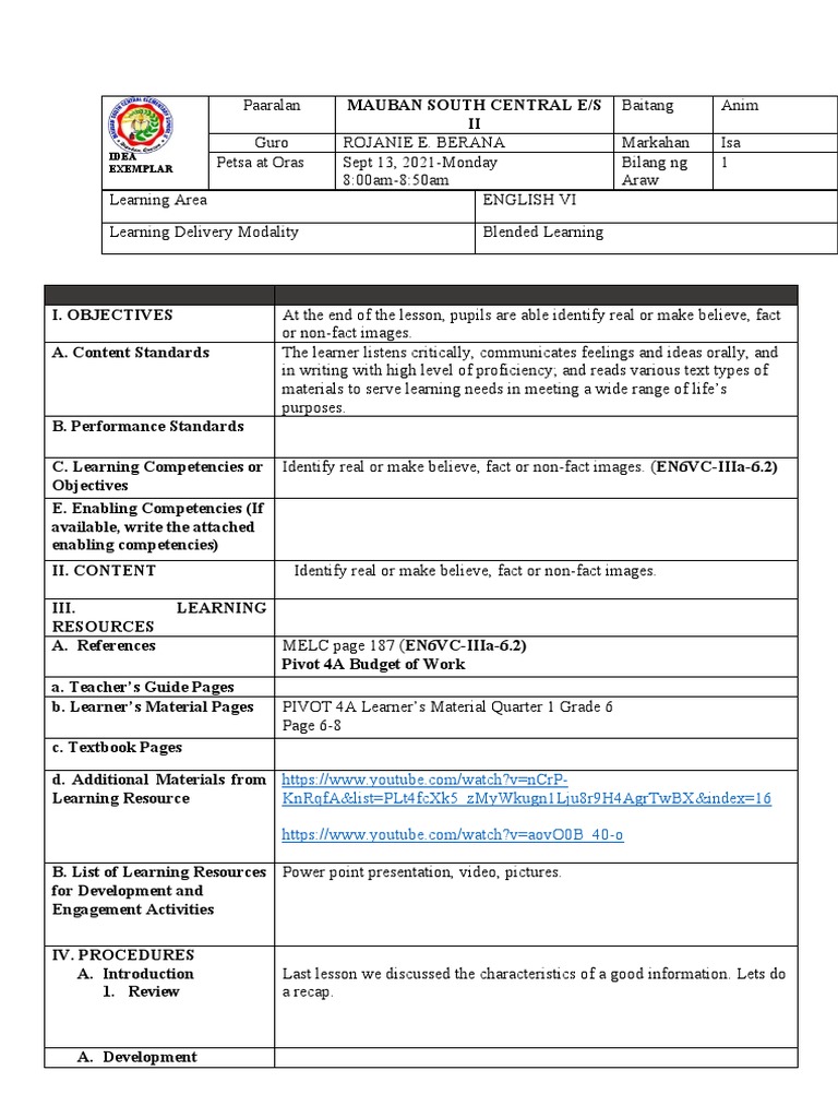 Lesson Exemplar ENGLISH 6 Day 1 Sept 13 | PDF | Learning