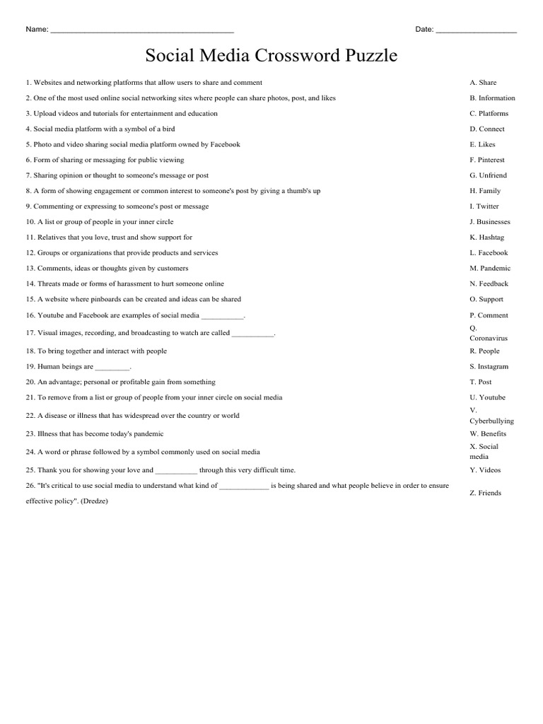 Social Media Crossword Puzzle | PDF | Social Media | Popular Culture ...