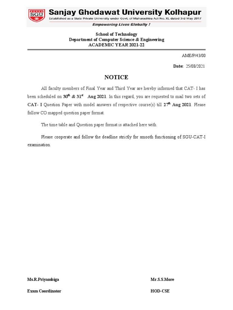 Notice For Question Papers CAT1 SGU | PDF | Computing | Computer Science