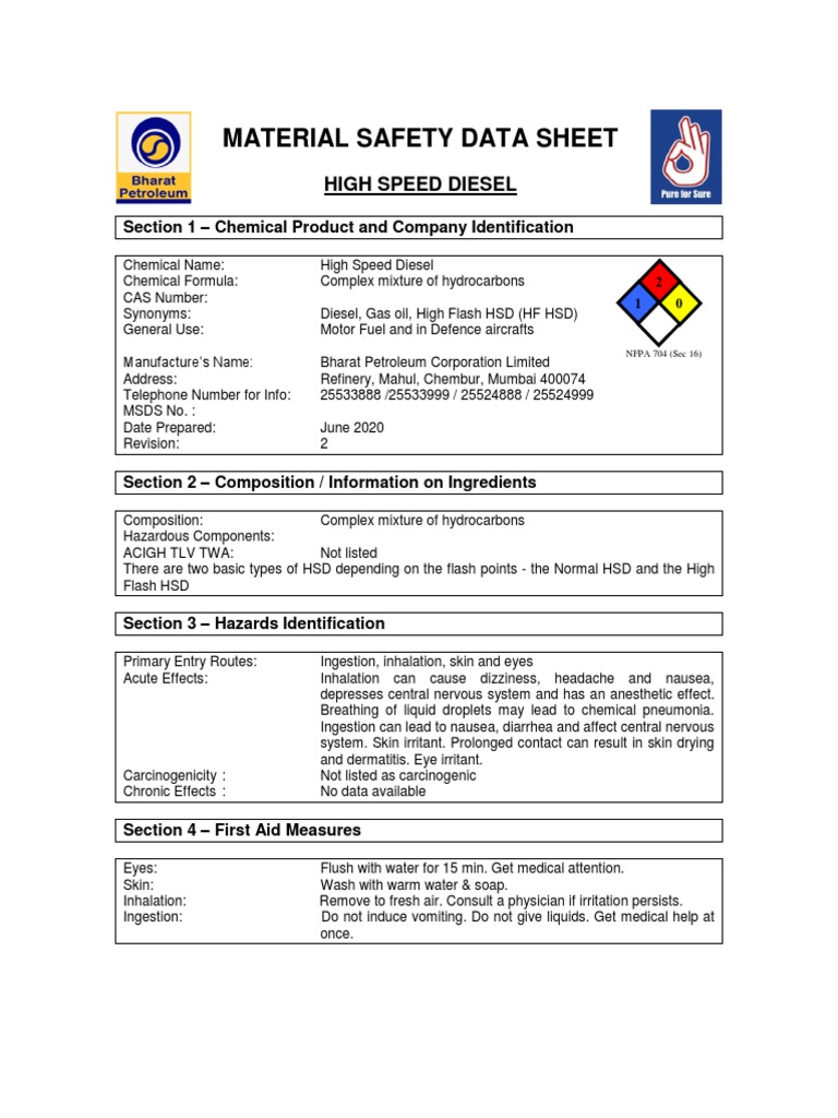 Material Safety Data Sheet: High Speed Diesel | PDF | Fires | Water