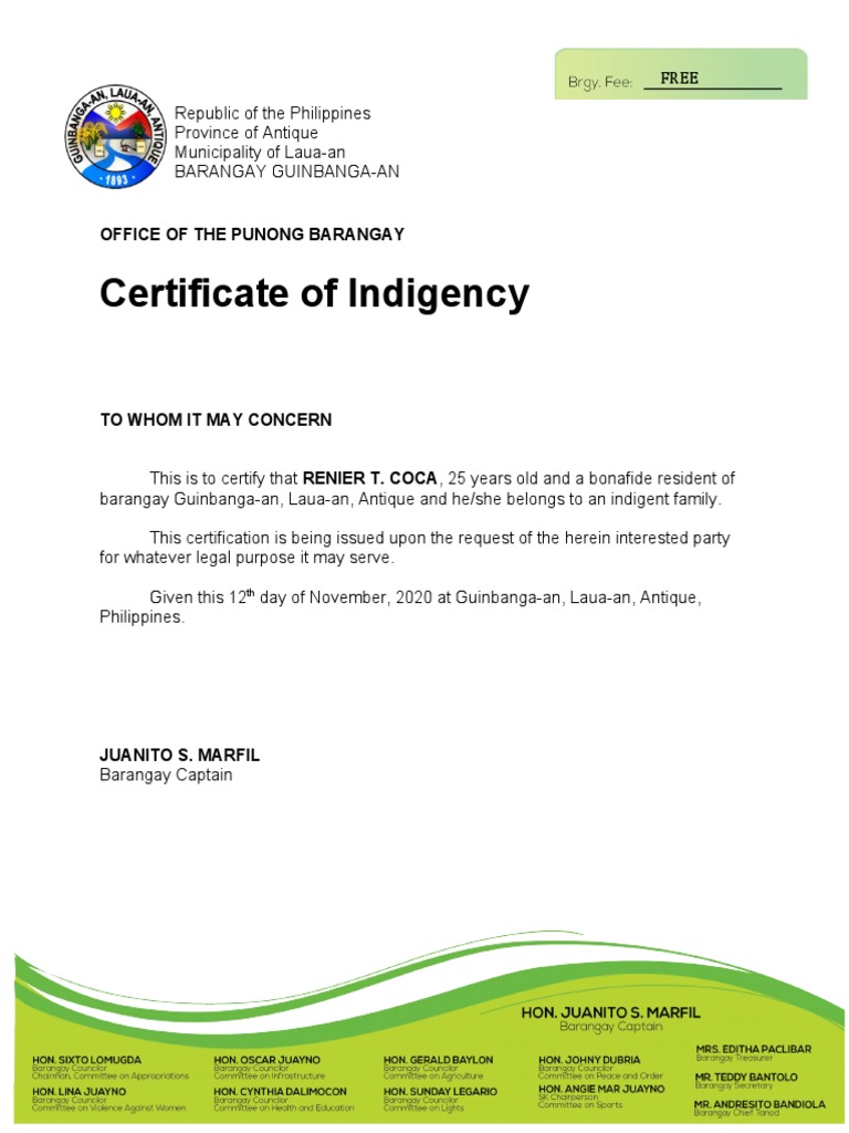 Certificate of Indigency Issuance | PDF