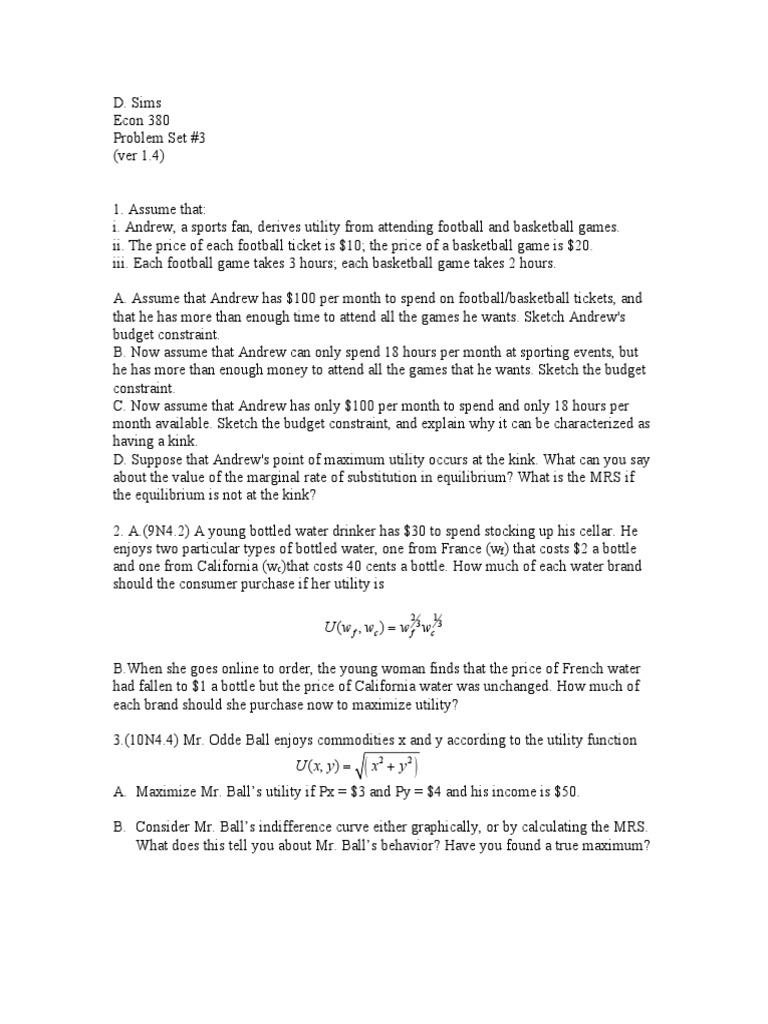 Problem Set 3 | PDF | Utility | Prices