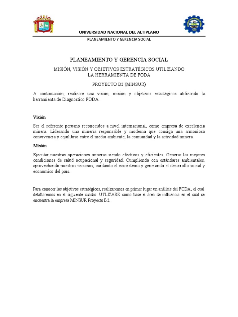 Plan estratégico MINSUR proyecto B2 | PDF | Minería | Análisis FODA