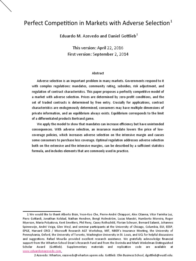 Adverse Selection in Perfect Competition | PDF | Economic Equilibrium ...