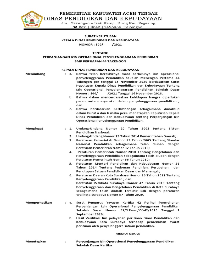 Ijin Operasional SMP 44 Takengon | PDF