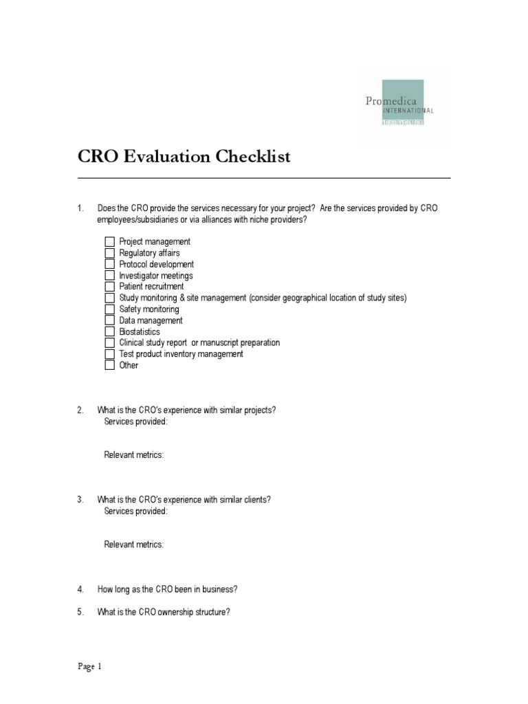 Selecting A Cro Checklist | PDF | Clinical Trial | Business