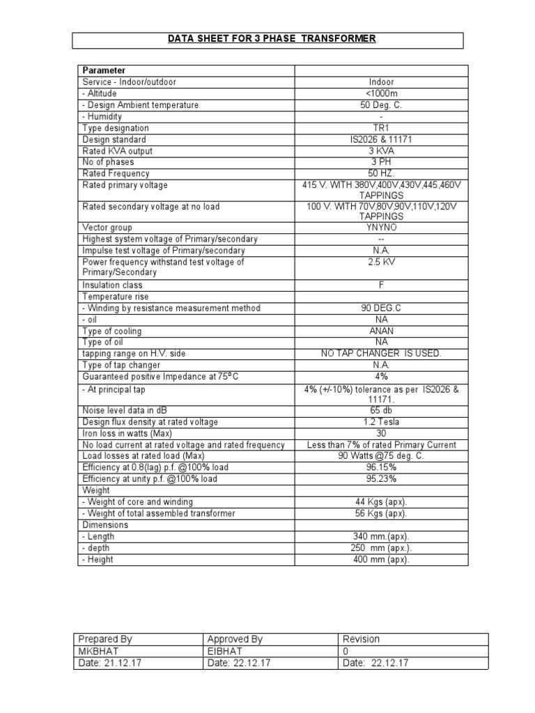 Parameter: Data Sheet For 3 Phase Transformer | PDF | Transformer | Force