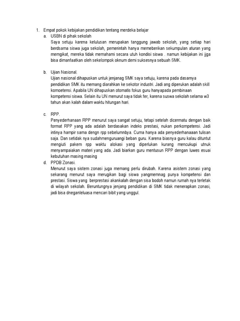 Empat Pokok Kebijakan Pendidikan Tentang Merdeka Belajar | PDF