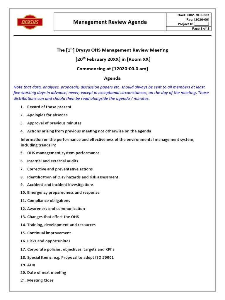 FRM-OHS-002 Management Review Agenda Template | PDF