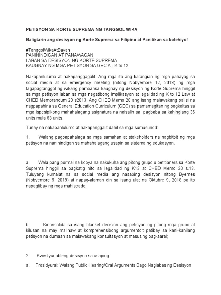 Petisyon Sa Korte Suprema NG Tanggol Wika | PDF