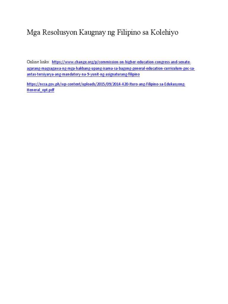 Mga Resolusyon Kaugnay NG Filipino Sa Kolehiyo | PDF