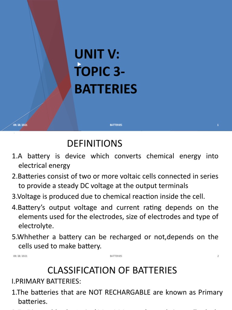 Unit V: Topic 3-Batteries | PDF | Rechargeable Battery | Cathode