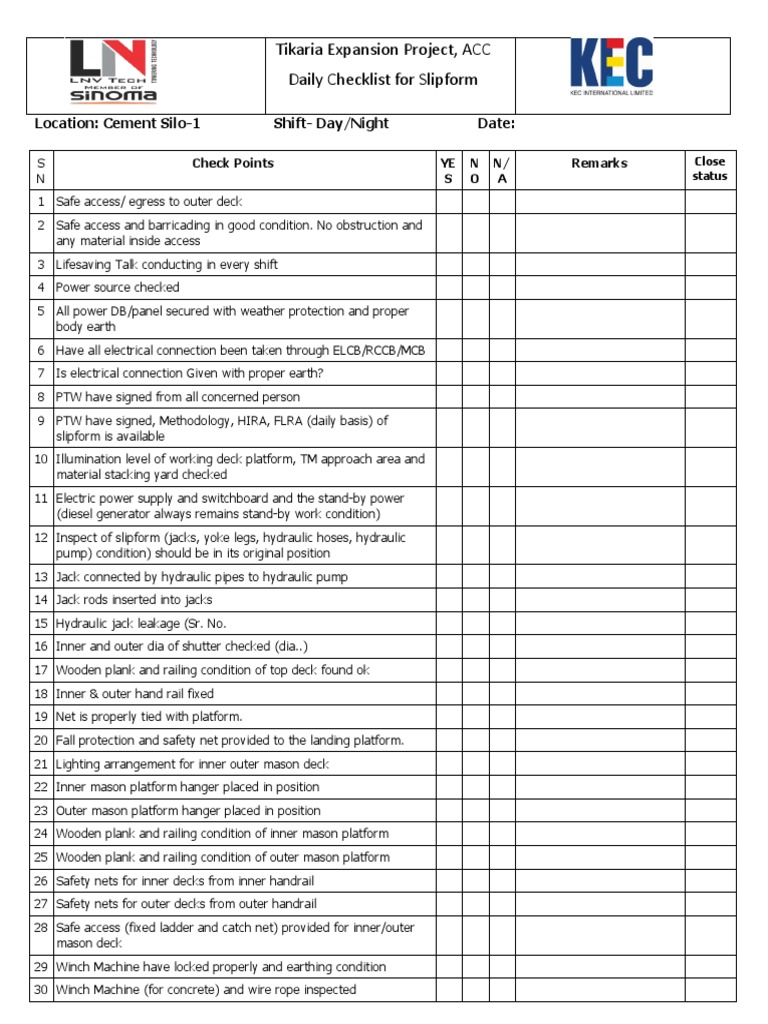 Tikaria Expansion Project, ACC Daily Checklist For Slipform | PDF ...