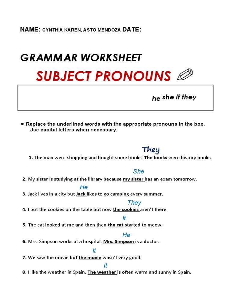 Subject Pronouns: Grammar Worksheet | PDF